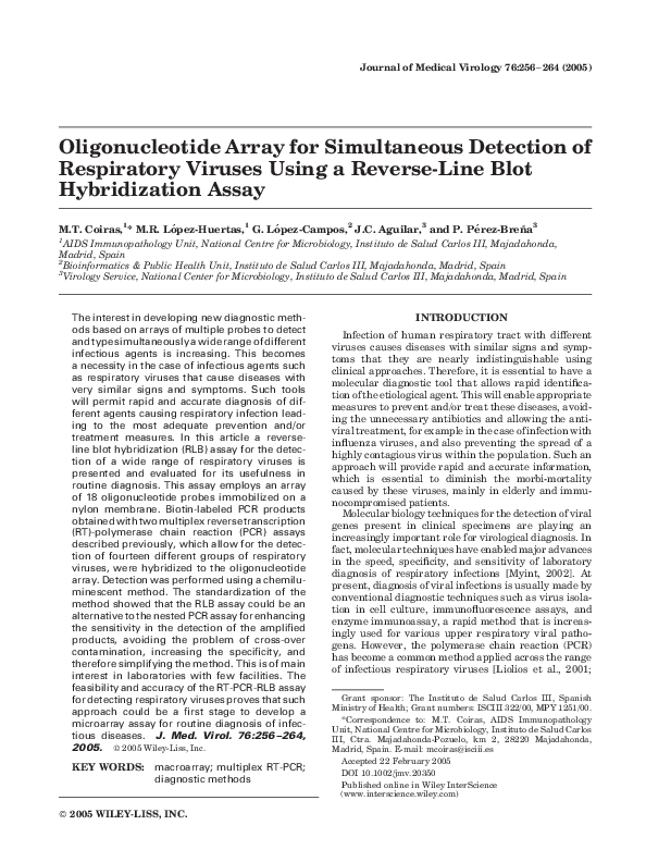 Pdf Oligonucleotide Array For Simultaneous Detection Of Respiratory Viruses Using A Reverse