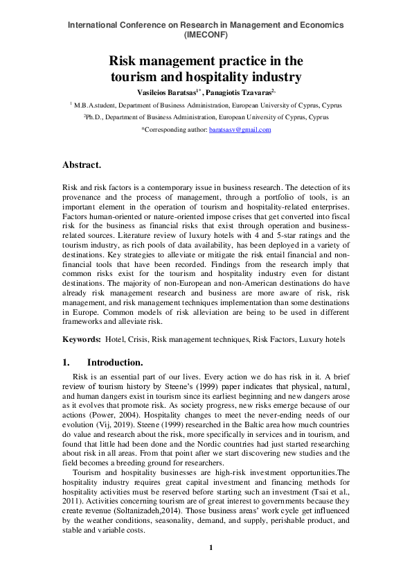 (PDF) Risk Management Practice in the Tourism and Hospitality Industry