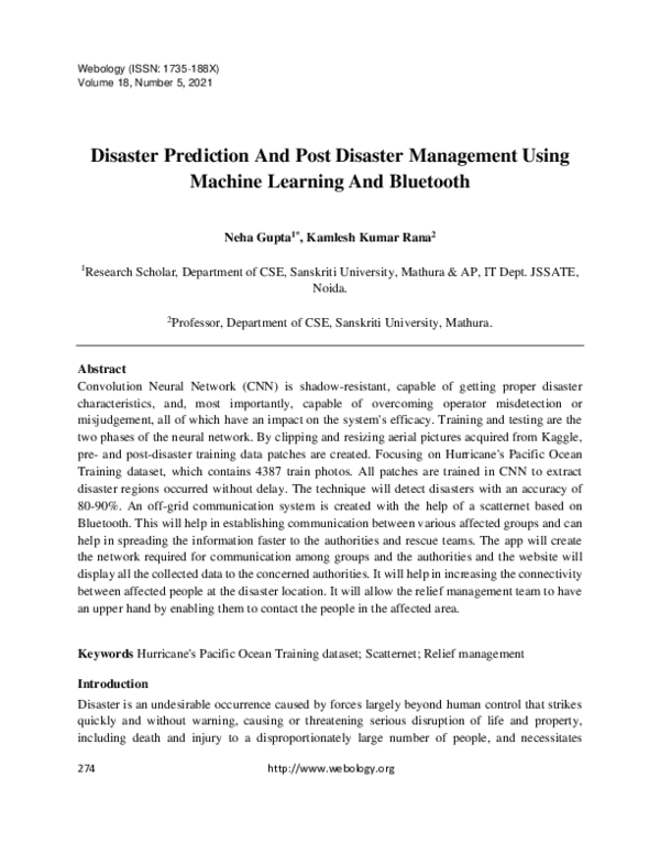 (PDF) Disaster Prediction And Post Disaster Management Using Machine ...