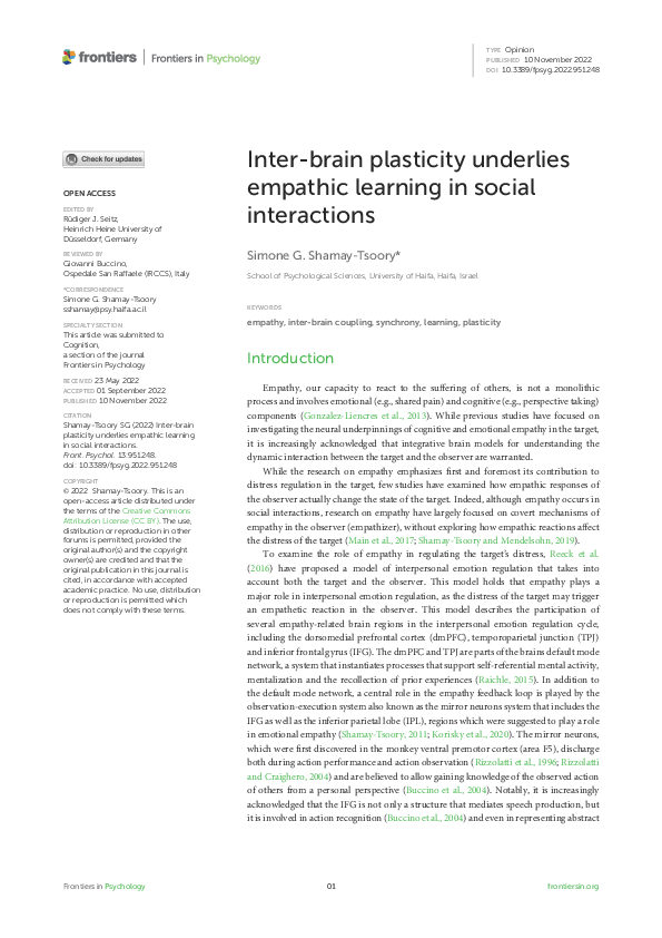 (PDF) Inter-brain plasticity underlies empathic learning in social ...