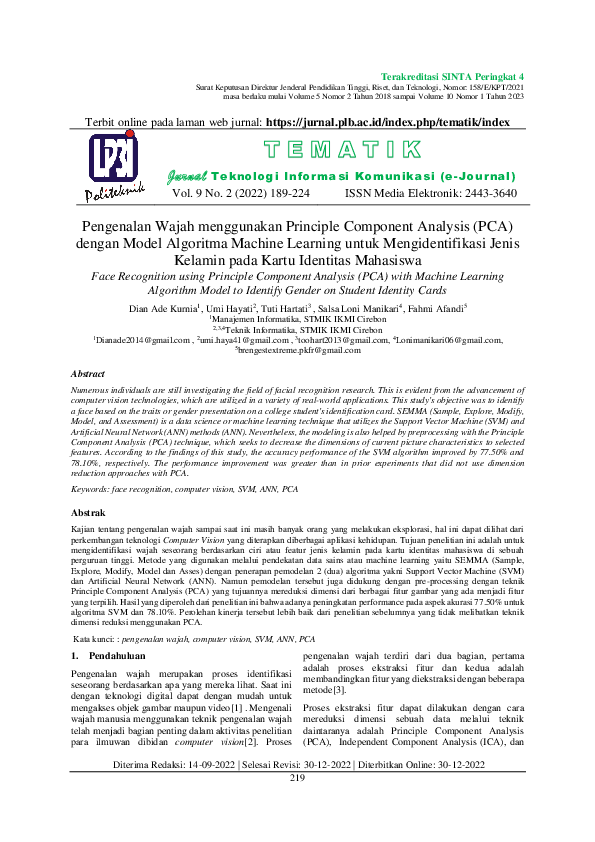 (PDF) Pengenalan Wajah menggunakan Principle Component Analysis (PCA ...