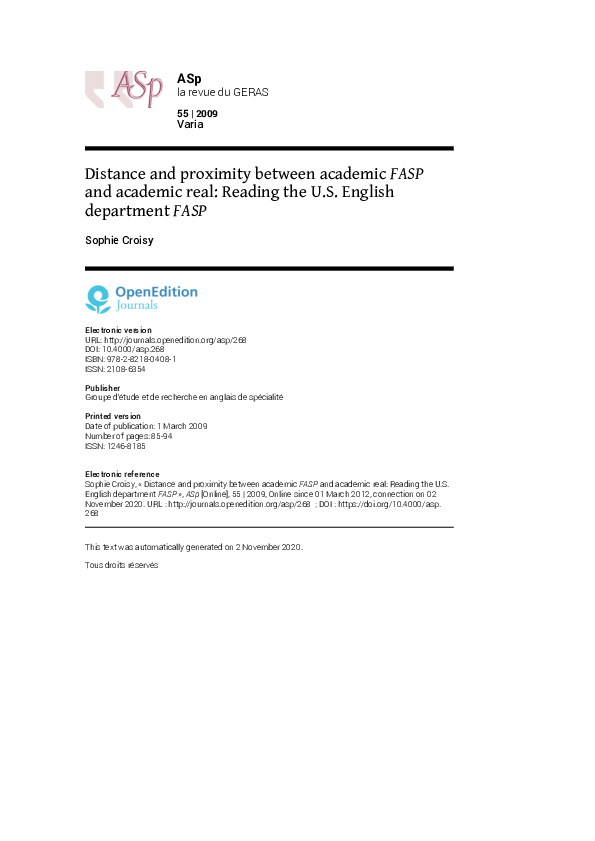 (PDF) Distance and proximity between academic FASP and academic real: Reading the U.S. English ...