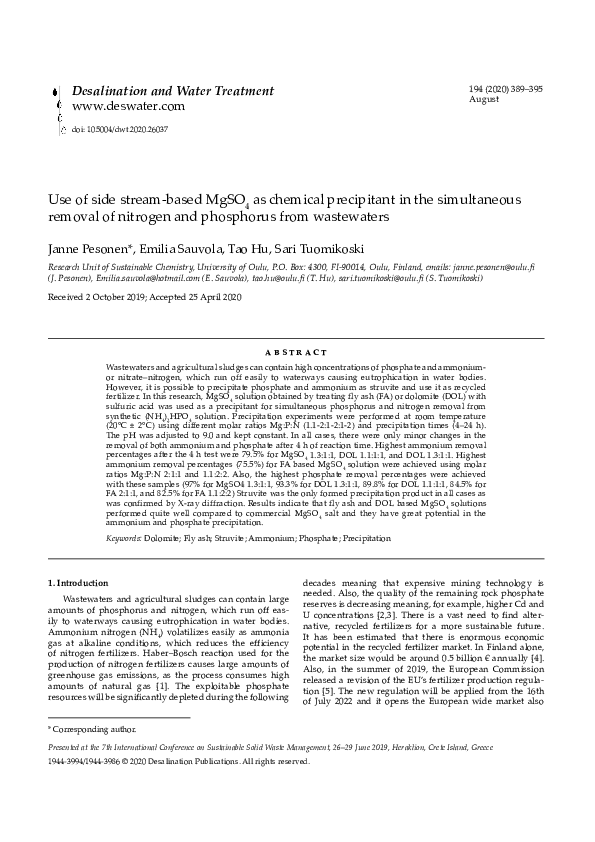 (PDF) Use of side stream-based MgSO4 as a chemical precipitant in the ...