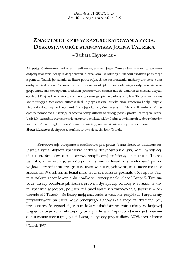 (PDF) Znaczenie liczby w kazusie ratowania życia. Dyskusja wokół ...