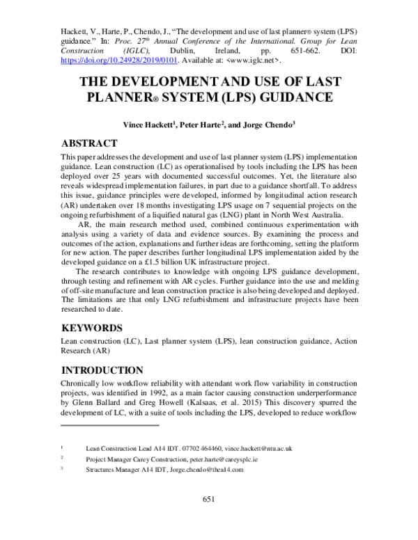(PDF) The Development and Use of Last Planner® System (LPS) Guidance