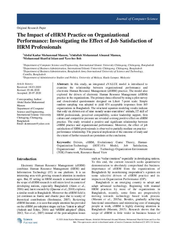 (PDF) The Impact of eHRM Practice on Organizational Performance: Investigating the Effect of Job ...