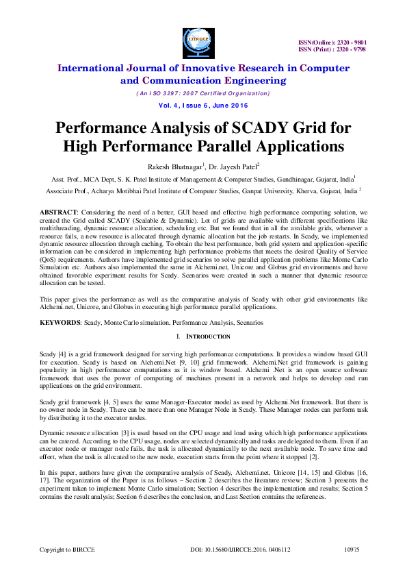 (PDF) Performance Analysis of SCADY Grid for High Performance Parallel Applications