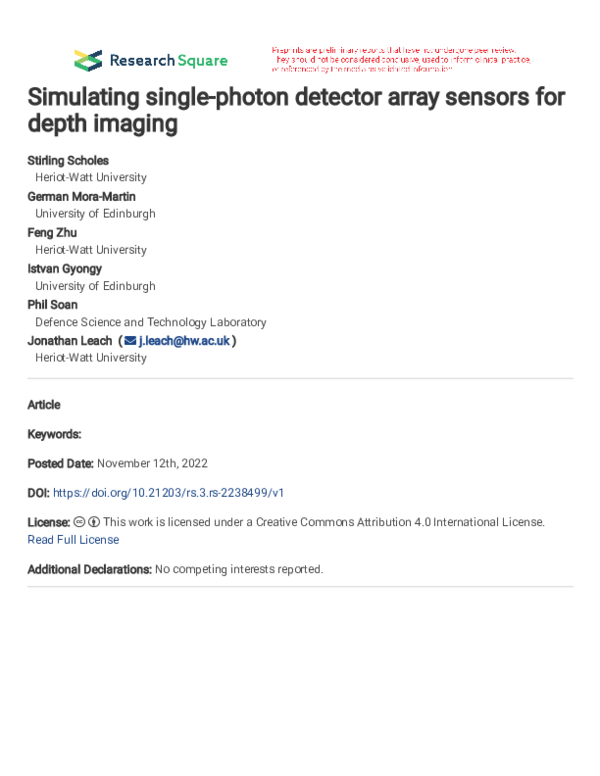 Pdf Simulating Single Photon Detector Array Sensors For Depth Imaging Phil Soan