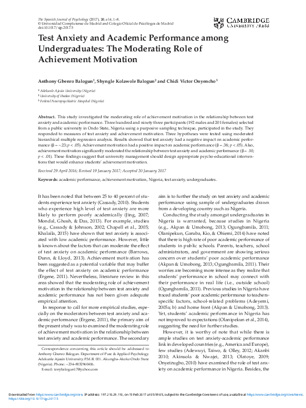 (PDF) Test Anxiety and Academic Performance among Undergraduates: The ...