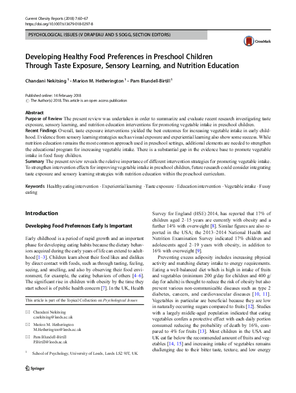 (PDF) Developing Healthy Food Preferences in Preschool Children Through ...