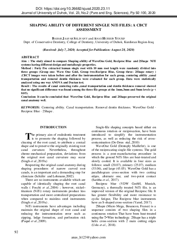 (PDF) Shaping Ability of Different Single Niti Files: A Cbct Assessment
