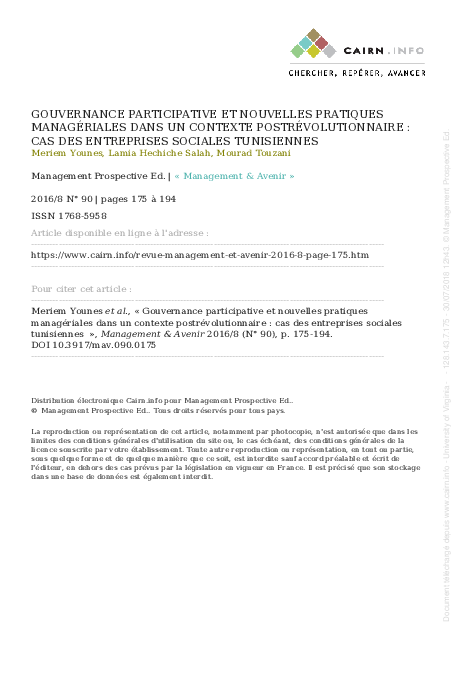 (PDF) Gouvernance participative et nouvelles pratiques managériales ...