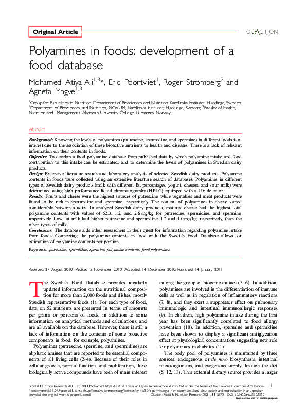 (PDF) Polyamines in foods: development of a food database | Mohamed Ali ...