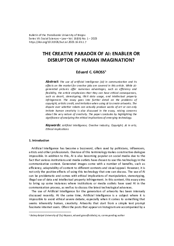 (PDF) THE CREATIVE PARADOX OF AI: ENABLER OR DISRUPTOR OF HUMAN IMAGINATION