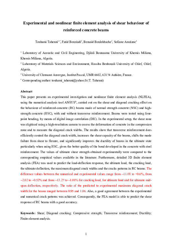 Pdf Experimental And Nonlinear Finite Element Analysis Of Shear Behaviour Of Reinforced