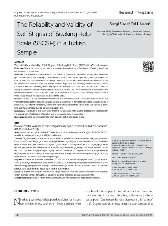 (PDF) Psikolojik Yardım Aramada Kendini Damgalama Ölçeği’nin (Pyakdö ...
