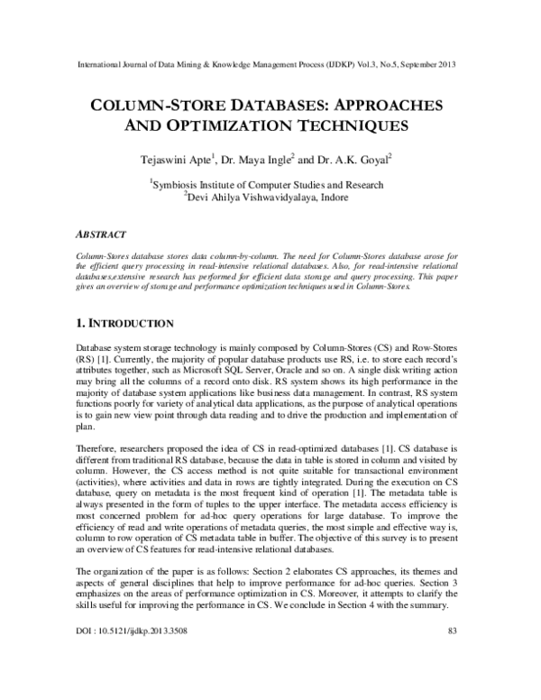 Pdf Column Store Databases Approaches And Optimization Techniques