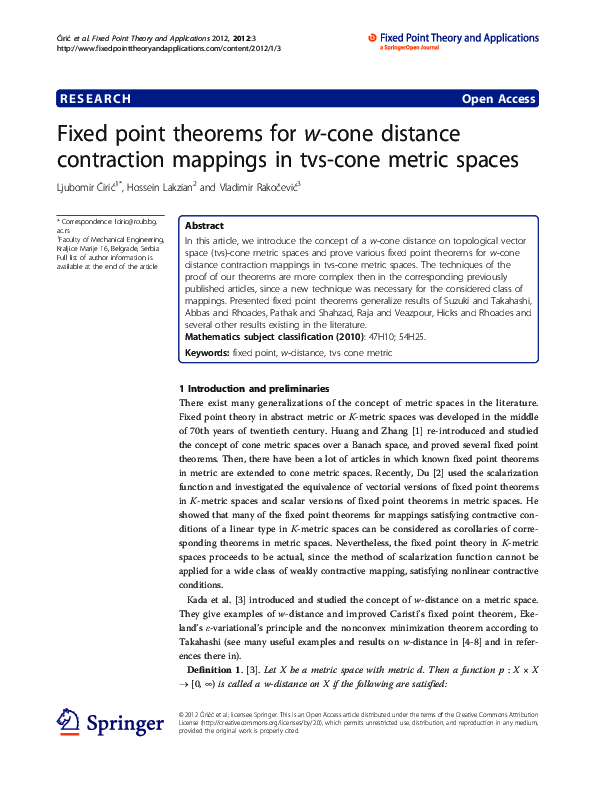 Pdf Fixed Point Theorems For W Cone Distance Contraction Mappings In Tvs Cone Metric Spaces