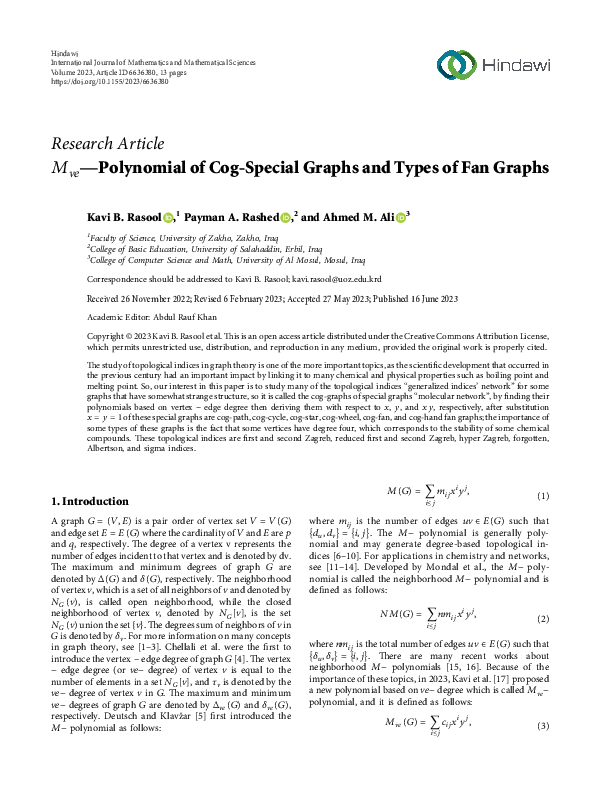 (PDF) M v e —Polynomial of Cog-Special Graphs and Types of Fan Graphs
