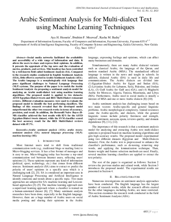 Pdf Arabic Sentiment Analysis For Multi Dialect Text Using Machine Learning Techniques