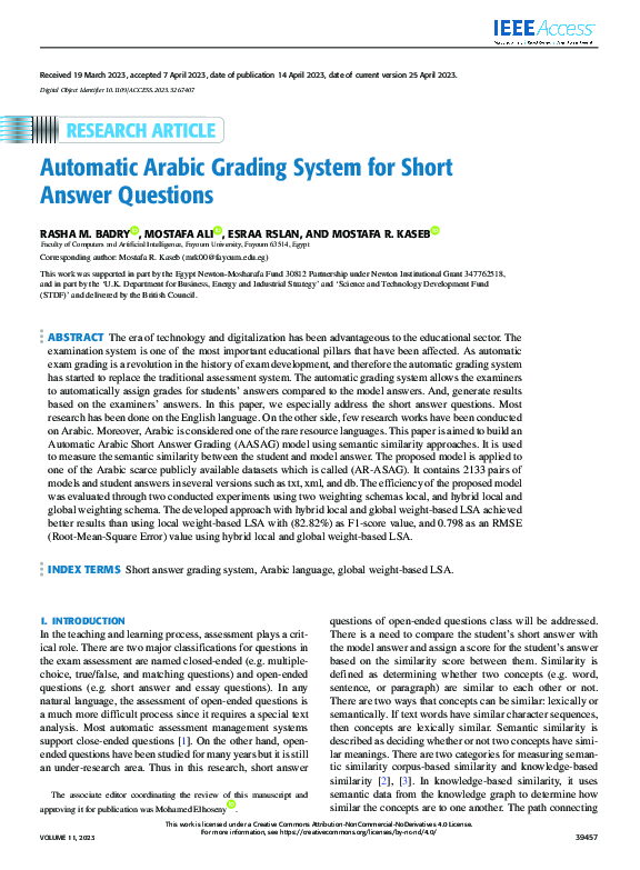 (PDF) Automatic Arabic Grading System for Short Answer Questions