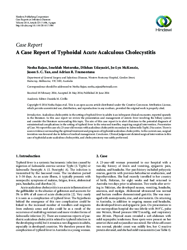 (PDF) A Case Report of Typhoidal Acute Acalculous Cholecystitis