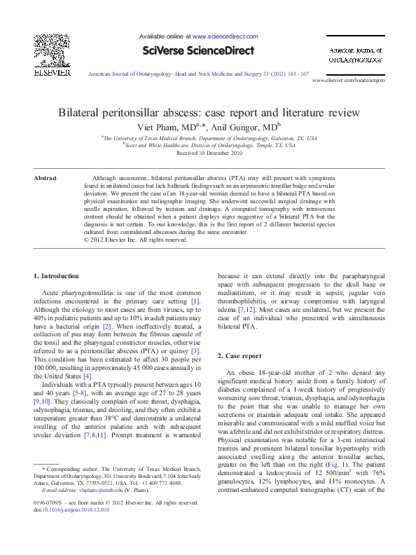 (PDF) Bilateral peritonsillar abscess: case report and literature review