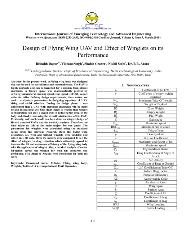 (PDF) Design of Flying Wing UAV and Effect of Winglets on its Performance