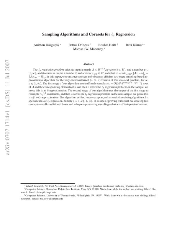 (PDF) Sampling Algorithms and Coresets for $\ell_p$ Regression