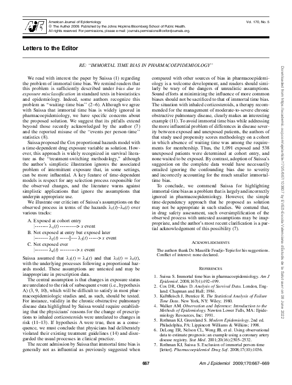 (PDF) Re: "Immortal Time Bias in Pharmacoepidemiology