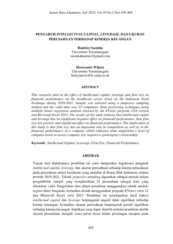 (PDF) Pengaruh Intellectual Capital, Leverage, Dan Ukuran Perusahaan Terhadap Kinerja Keuangan