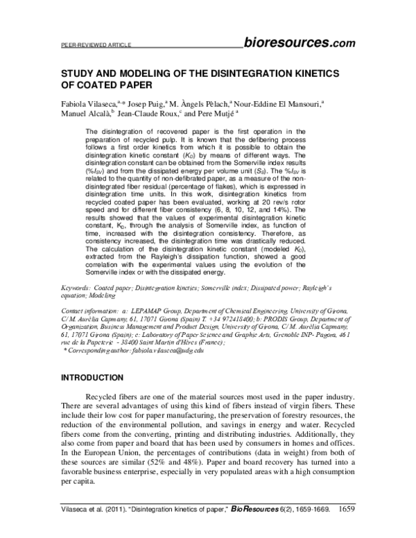 (PDF) Study and modeling of the disintegration kinetics of coated paper