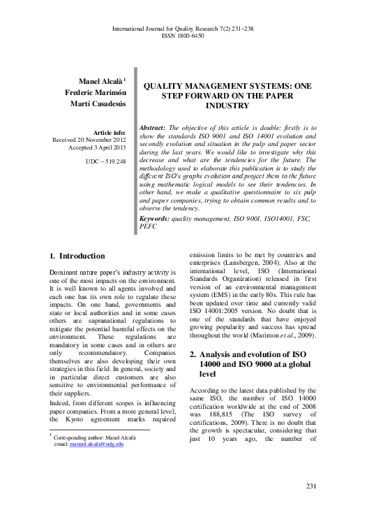 (PDF) Quality management systems: One step forward on the paper industry