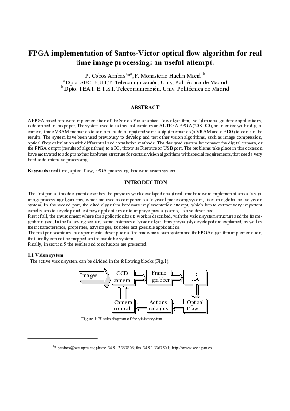 Pdf Fpga Implementation Of Santos Victor Optical Flow Algorithm For Real Time Image Processing