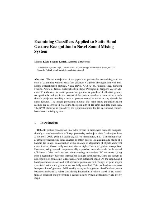 (PDF) Examining Classifiers Applied to Static Hand Gesture Recognition in Novel Sound Mixing System
