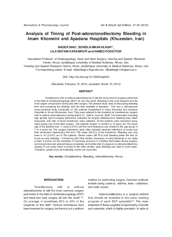 (PDF) Analysis of Timing of Post-adenotonsillectomy Bleeding in Imam ...