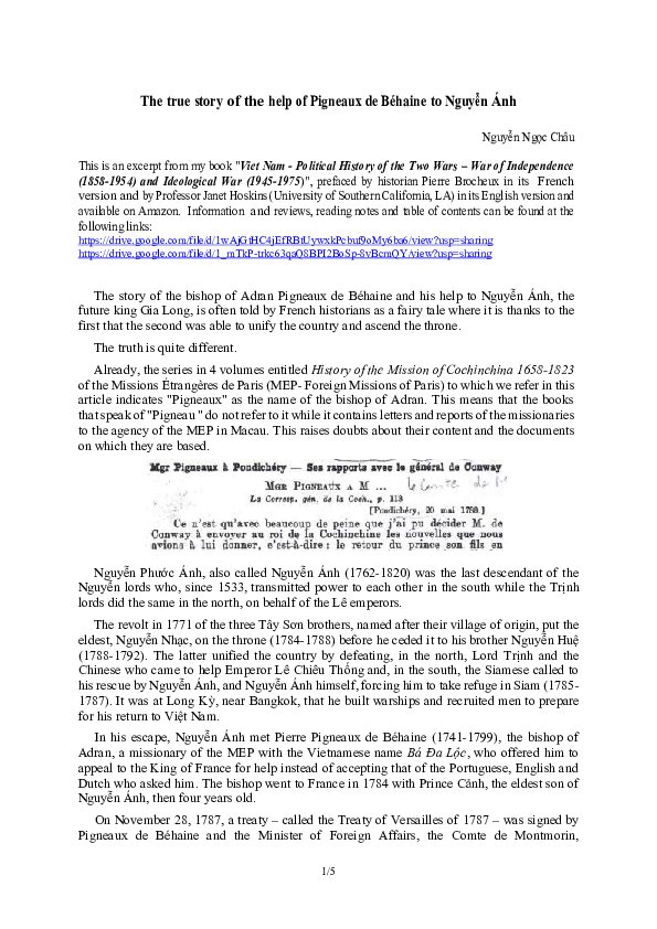 (PDF) The true story of the help of Pigneaux de Béhaine to Nguyễn Ánh