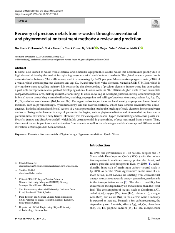 (PDF) Recovery of precious metals from e-wastes through conventional ...