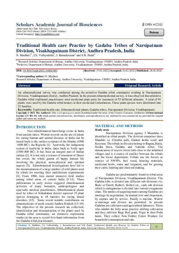 (PDF) Traditional Health care Practice by Gadaba Tribes of Narsipatnam ...