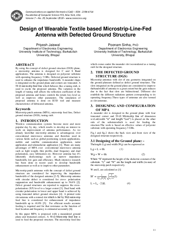 Pdf Design Of Wearable Textile Based Microstrip Line Fed Antenna With Defected Ground Structure