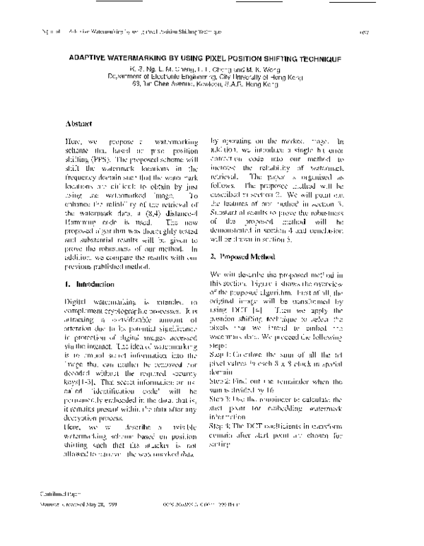 (PDF) Adaptive watermarking by using pixel position shifting technique | KS NG - Academia.edu