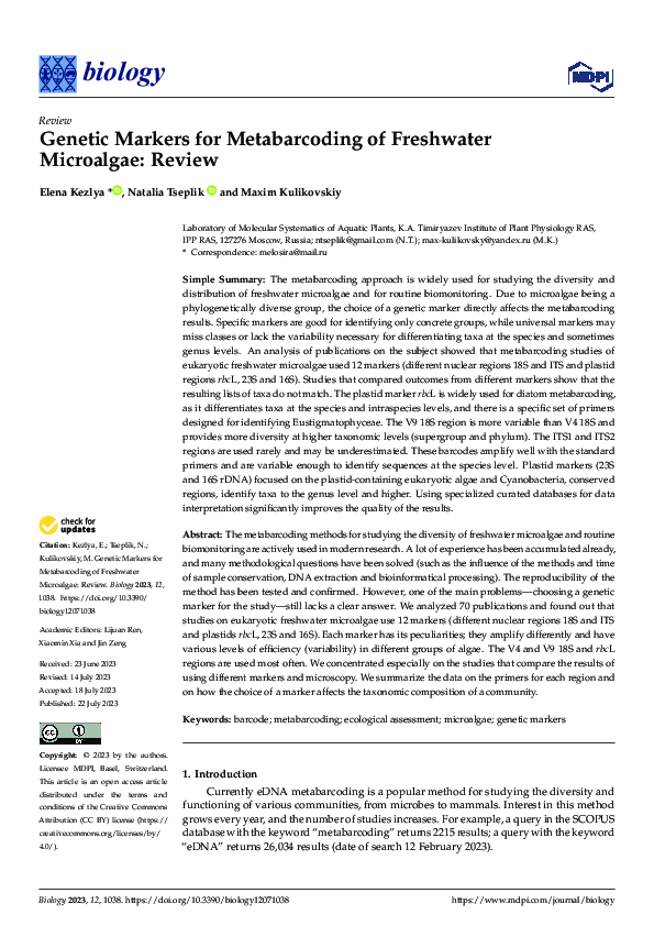 (PDF) Genetic Markers for Metabarcoding of Freshwater Microalgae: Review