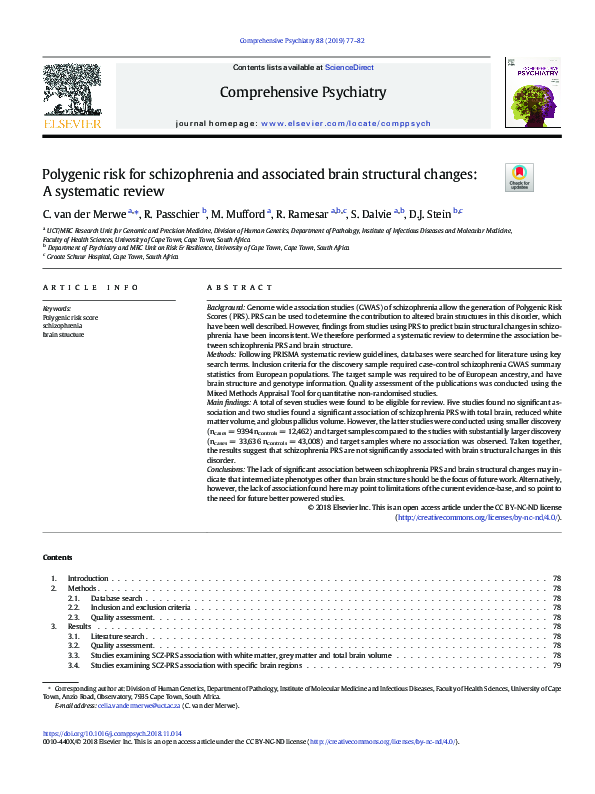 Pdf Polygenic Risk For Schizophrenia And Associated Brain Structural