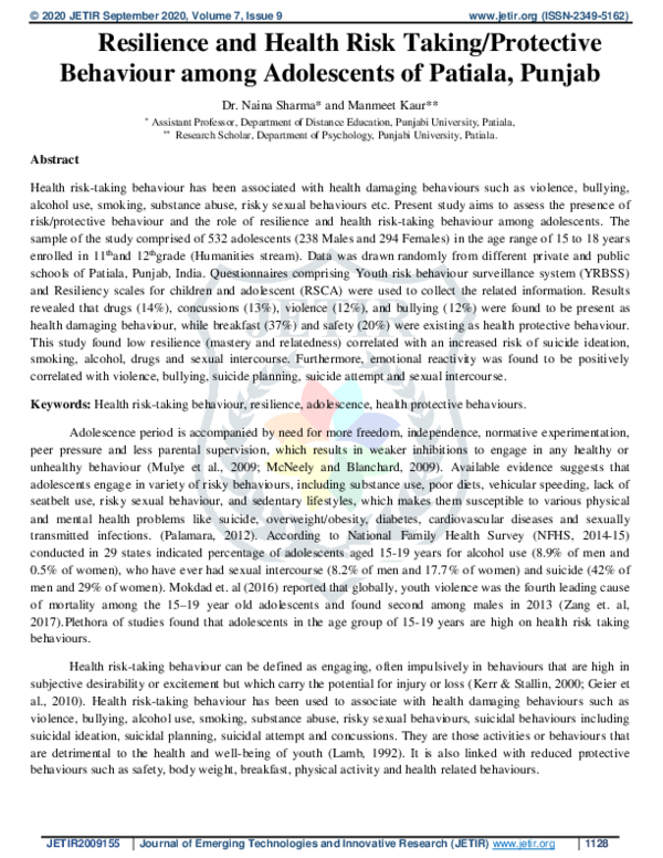 (PDF) Resilience and Health Risk Taking/Protective Behaviour among Adolescents of Patiala ...
