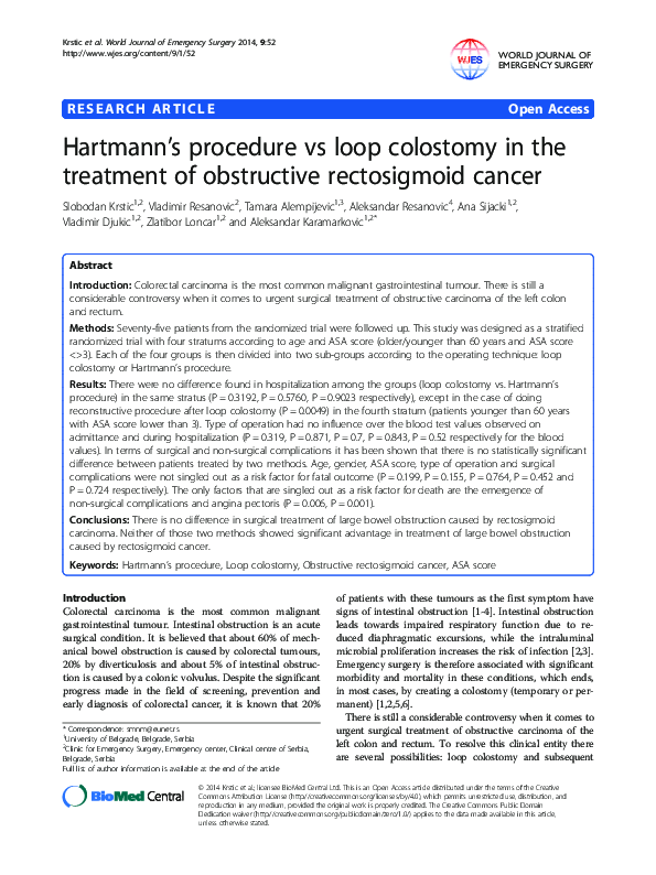 (PDF) Hartmann's procedure vs loop colostomy in the treatment of obstructive rectosigmoid cancer
