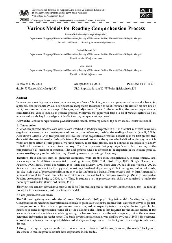 (PDF) Various Models for Reading Comprehension Process | Nahid Shakib - Academia.edu