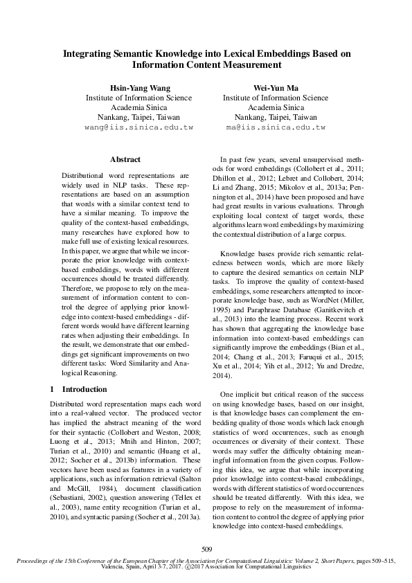 Pdf Integrating Semantic Knowledge Into Lexical Embeddings Based On