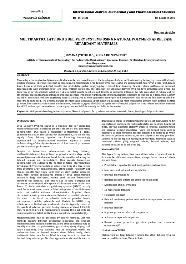Pdf Multiparticulate Drug Delivery Systems Using Natural Polymers As Release Retardant Materials