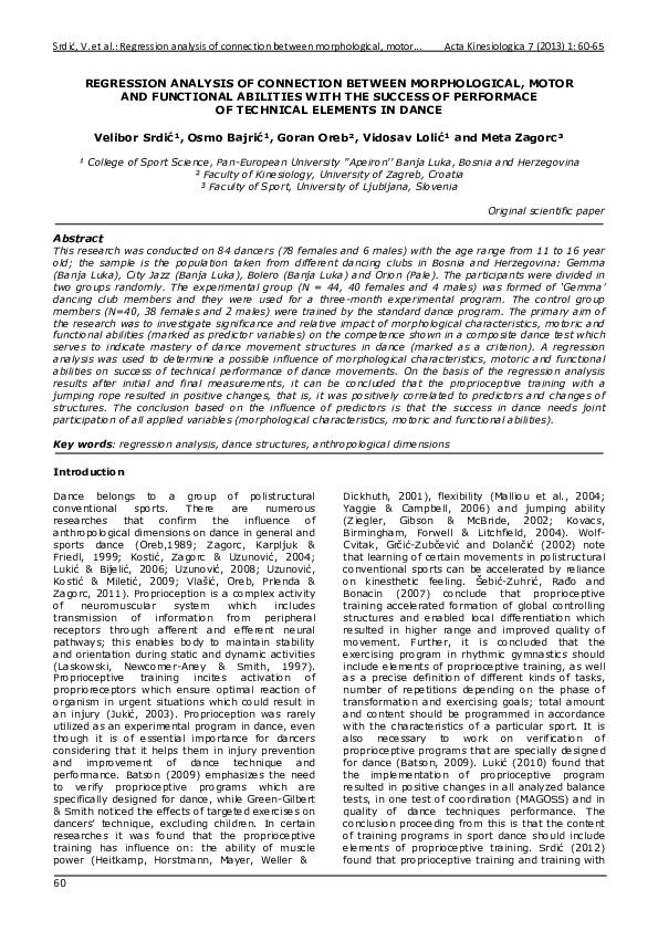 (PDF) Regression analysis of connection between morphological, motoric and functional abilities ...