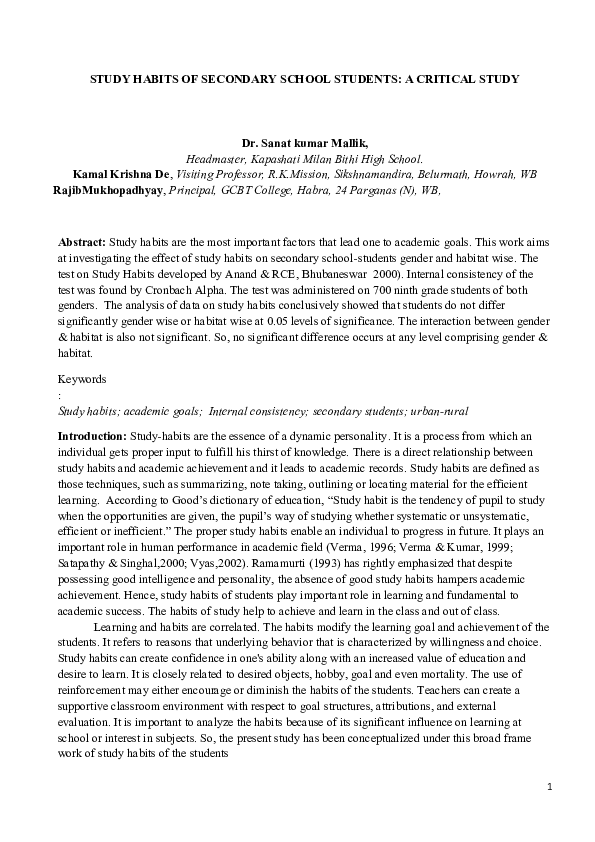 (DOC) STUDY HABITS OF SECONDARY SCHOOL STUDENTS: A CRITICAL STUDY